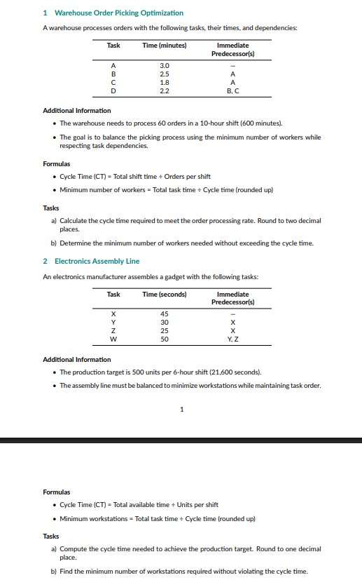 Solved Optimizing Warehouse Efficiency: Balancing Order | Chegg.com