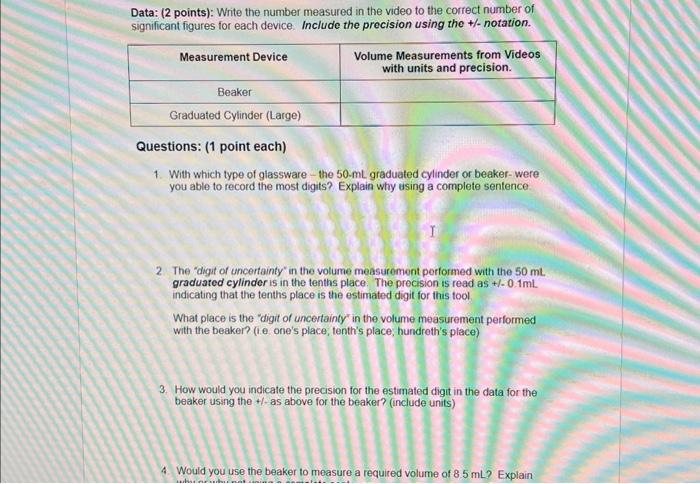 Solved Volume Measurements ( 7 points total) Observations ( | Chegg.com