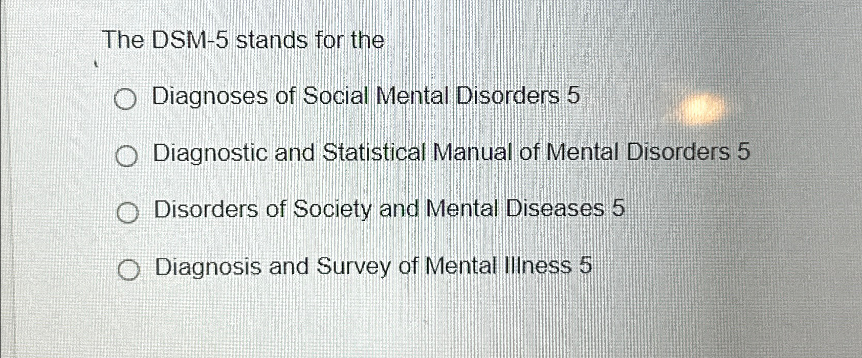 Solved The DSM -5 ﻿stands for theDiagnoses of Social Mental | Chegg.com