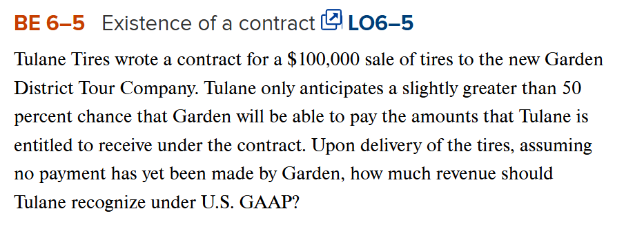 Solved BE 6-5 ﻿Existence of a contract 因 ﻿LO6-5Tulane Tires | Chegg.com