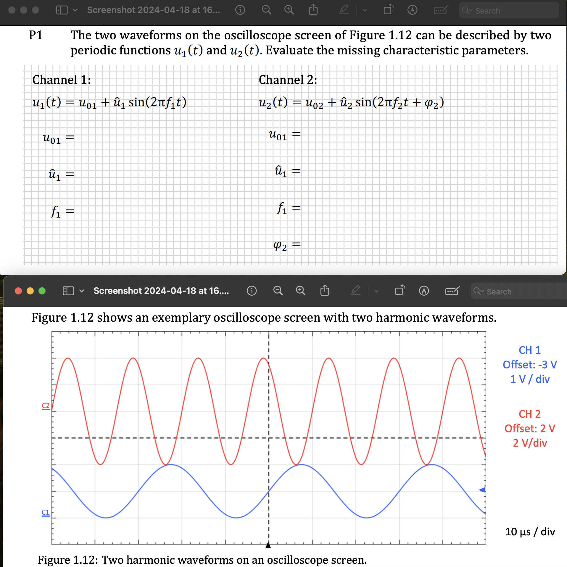 Solved P1 ﻿The two waveforms on the oscilloscope screen of | Chegg.com