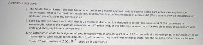 Solved Using the equation for diffraction limit for | Chegg.com