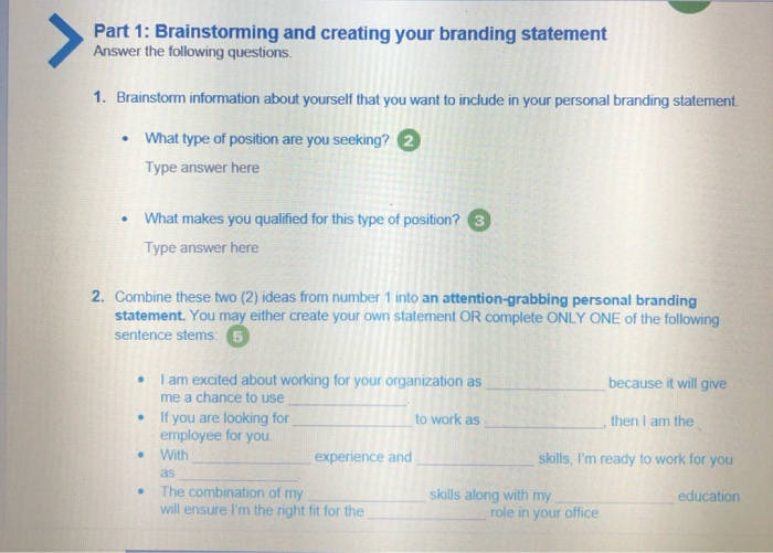 Solved Part 1: Brainstorming and creating your branding | Chegg.com