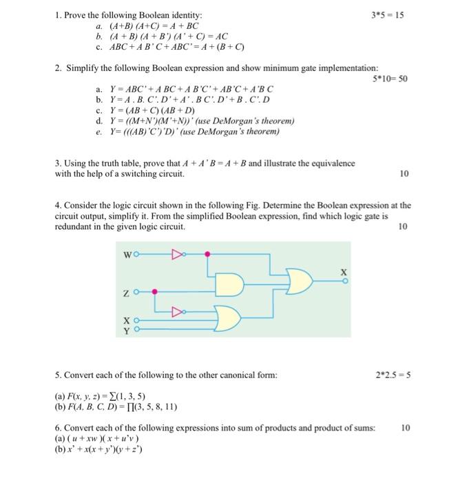 Solved 1. Prove the following Boolean identity: 3∗5=15 a. | Chegg.com