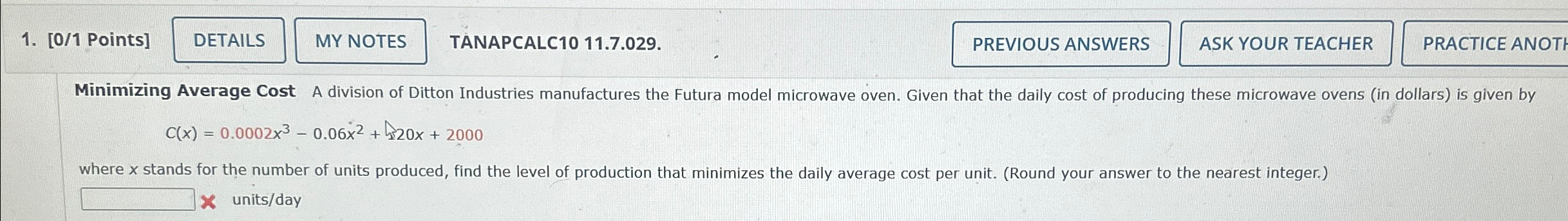 Solved [0/1 ﻿Points]TANAPCALC10 11.7.029.Minimizing Average | Chegg.com