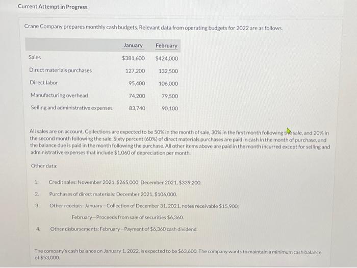 Solved Current Attempt in Progress Crane Company prepares | Chegg.com