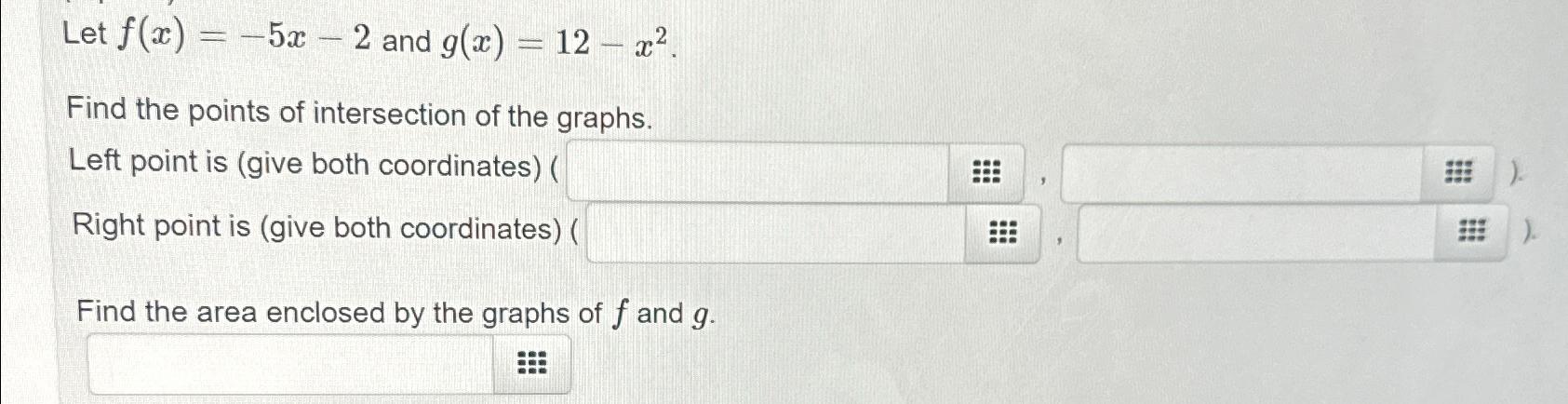 Solved Let f(x)=-5x-2 ﻿and g(x)=12-x2Find the points of | Chegg.com
