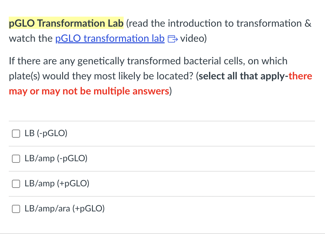 Solved pGLO Transformation Lab (read the introduction to | Chegg.com