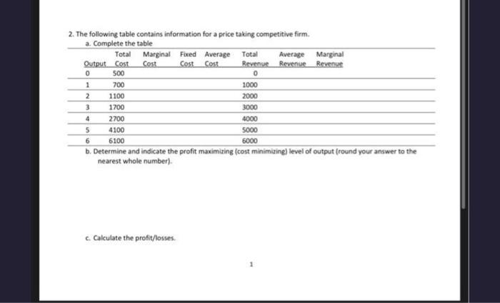 Solved 2. The following table contains information for a | Chegg.com