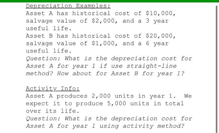 Solved Depreciation Examples: Asset A has historical cost of | Chegg.com