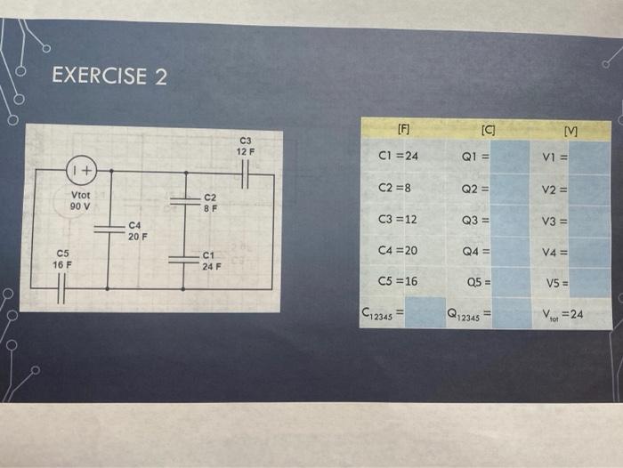 Solved EXERCISE 2 [F] [C] 3 C3 12 F C1 = 24 Q1 = Vi = (1 + | Chegg.com