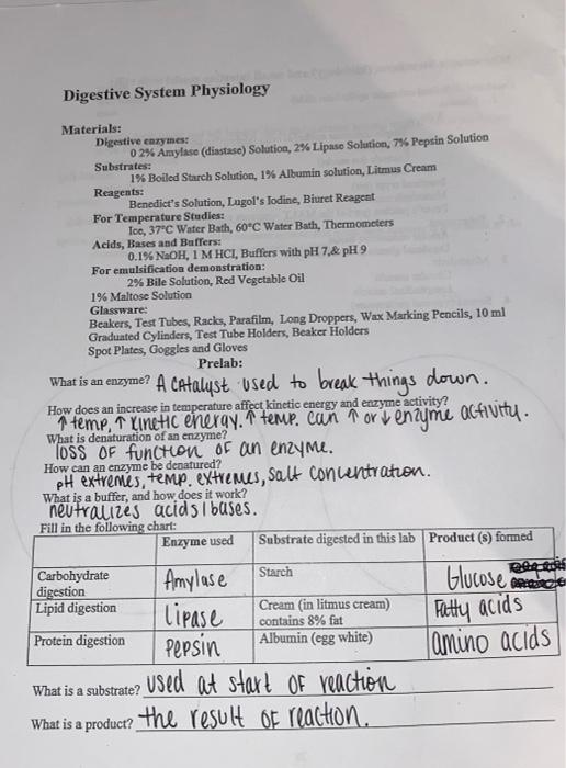 Solved Digestive System Physiology Materials: Digestive | Chegg.com