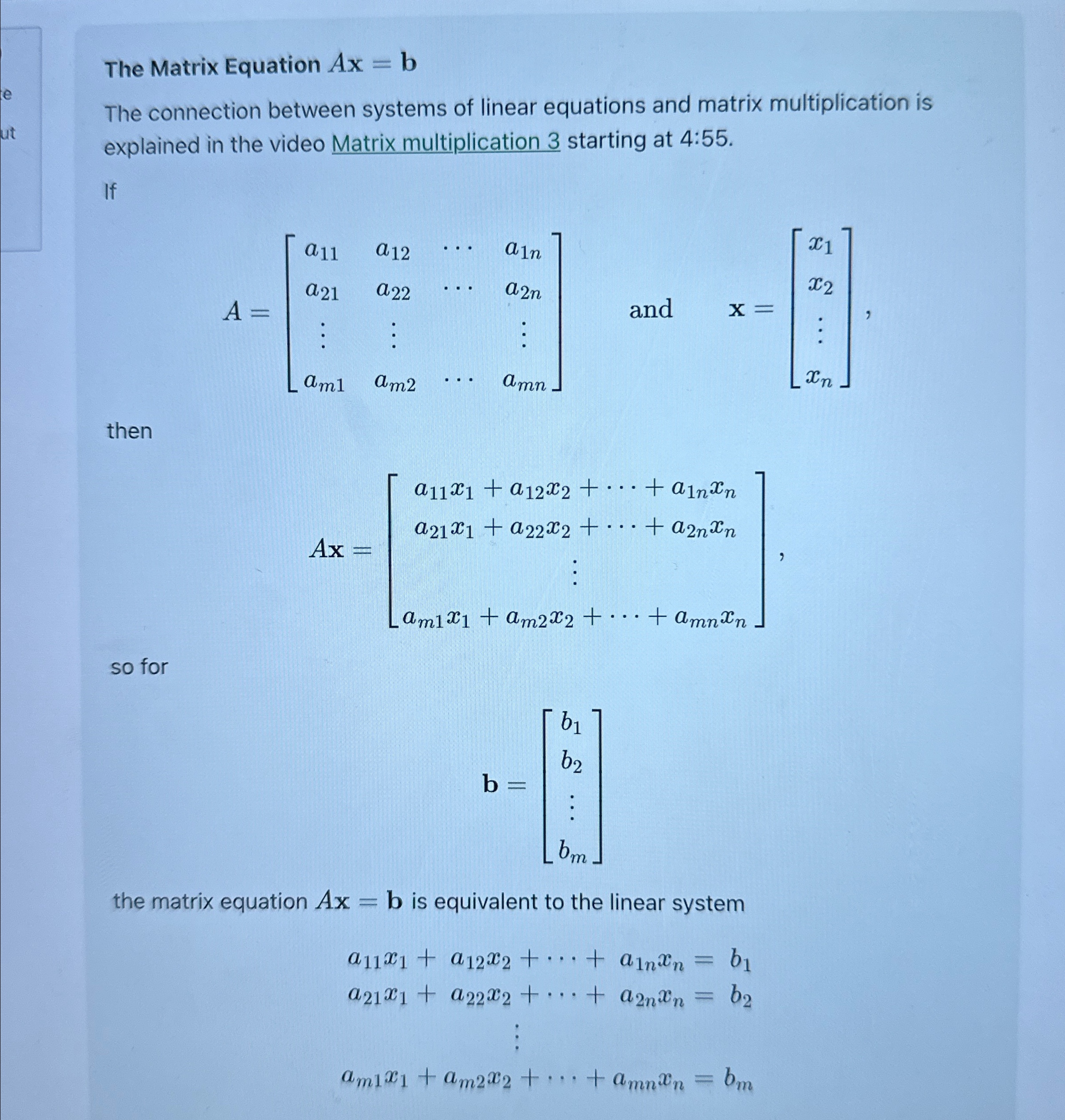 Solved The Matrix Equation Ax=bThe connection between | Chegg.com