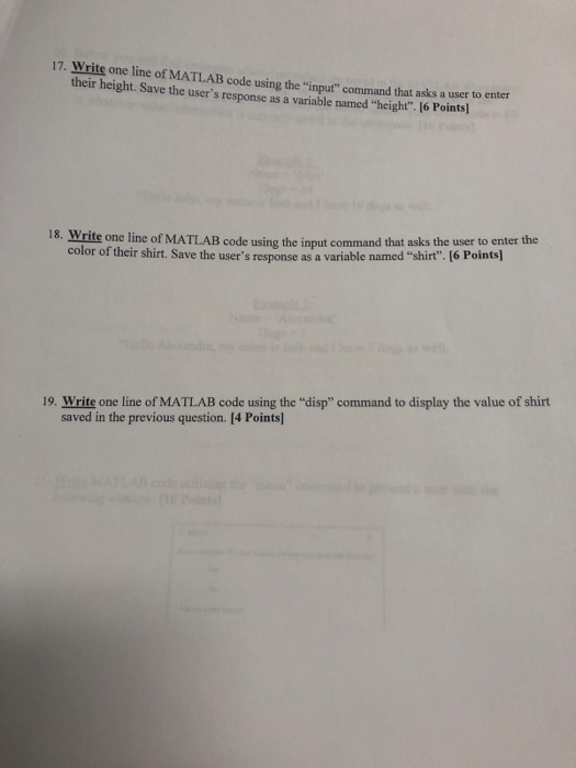 Solved 17 Write One Line Of Matlab Code Using The Input 9944