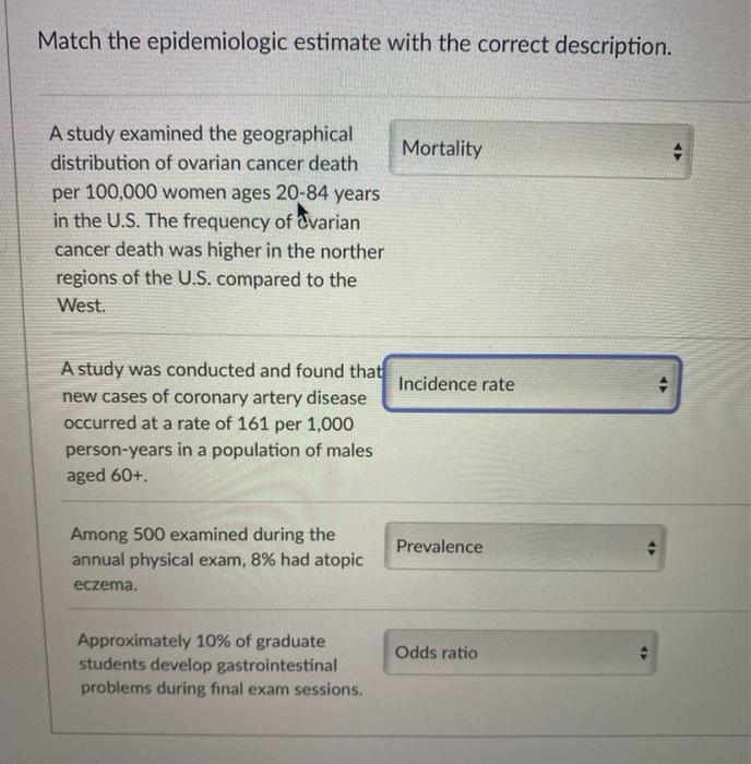 Solved Match the epidemiologic estimate with the correct | Chegg.com