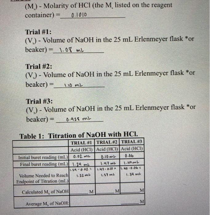 Solved (M) - Molarity of HCl (the M listed on the reagent | Chegg.com