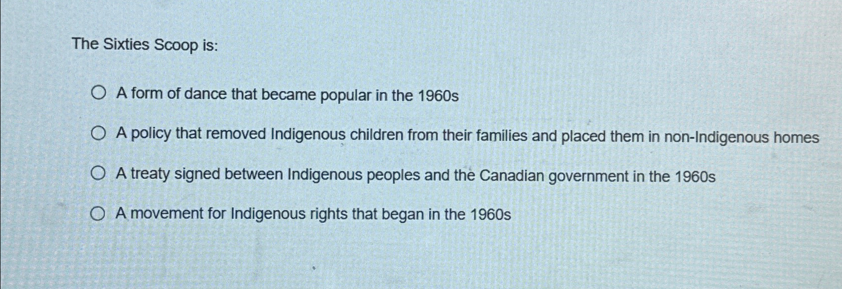 Solved The Sixties Scoop is:A form of dance that became | Chegg.com