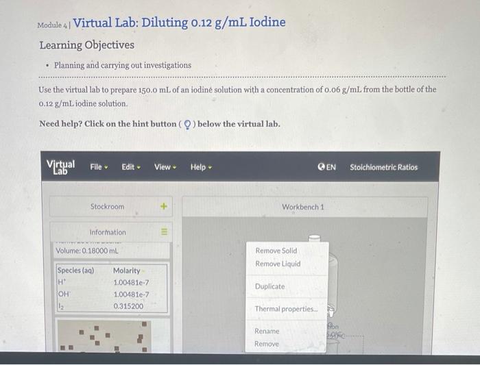Solved Module 4 | Virtual Lab: Diluting 0.12 g/mL Iodine | Chegg.com