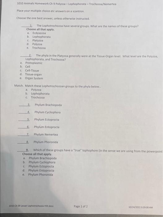 Solved 1010 Animals Homework Ch 9 Polyzoa - Lophophorata - | Chegg.com