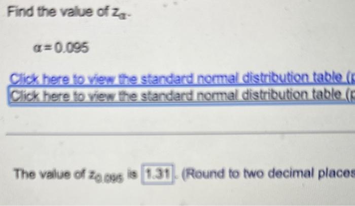 Solved Find the value of za - α=0.095 Cick here to view the | Chegg.com