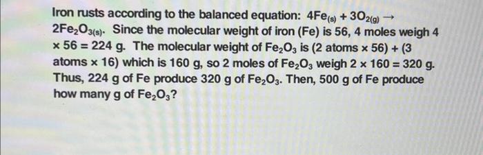 Solved Iron rusts according to the balanced equation: 4Fe(s) | Chegg.com