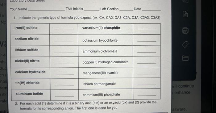 Solved Your Name TA's Initials Lab Section Date 1. Indicate | Chegg.com