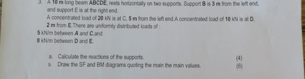 Solved A 10 ﻿m long beam ABCDE , ﻿rests horizontally on two | Chegg.com