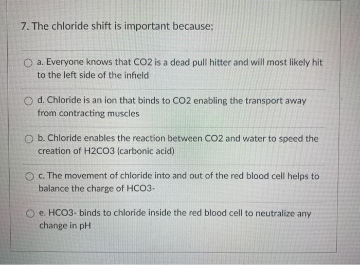 Solved 7. The chloride shift is important because; O a. | Chegg.com
