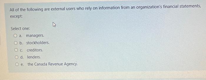 Solved All of the following are external users who rely on | Chegg.com