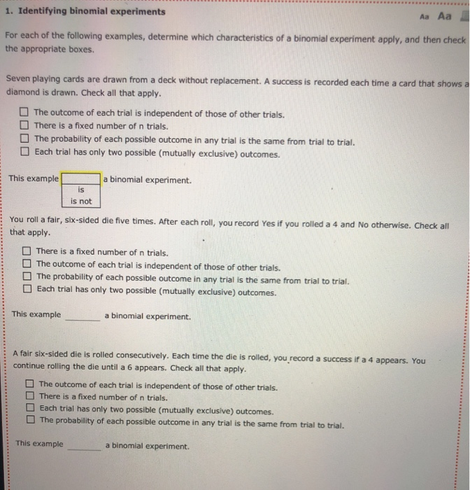 Solved 1. Identifying binomial experiments Аа Аа Д For each | Chegg.com
