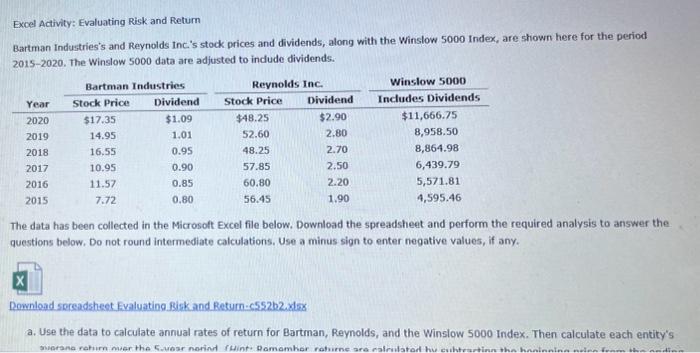 Excel Activity: Evaluating Risk and Return Bartman | Chegg.com