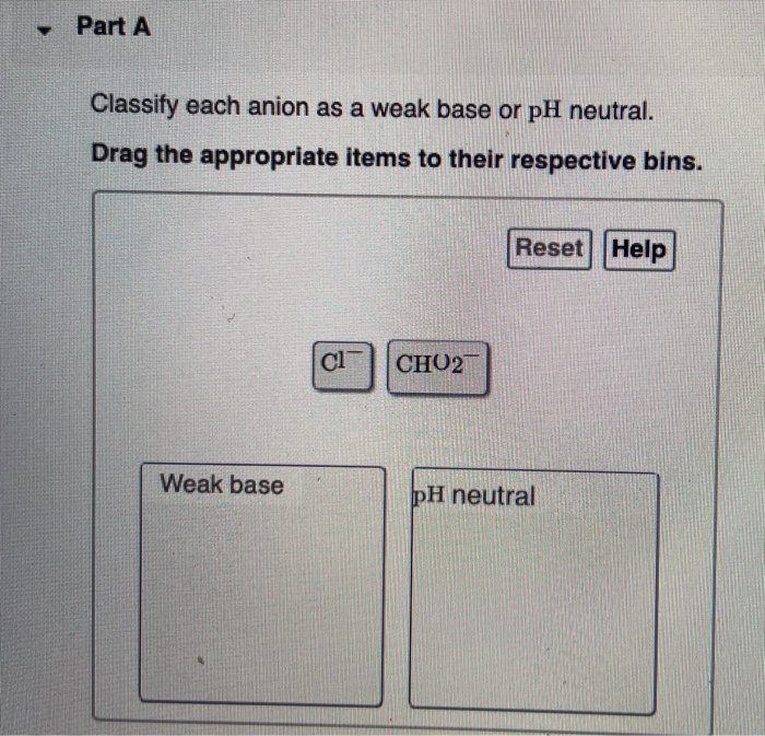 Solved Part A Classify each anion as a weak base or pH | Chegg.com