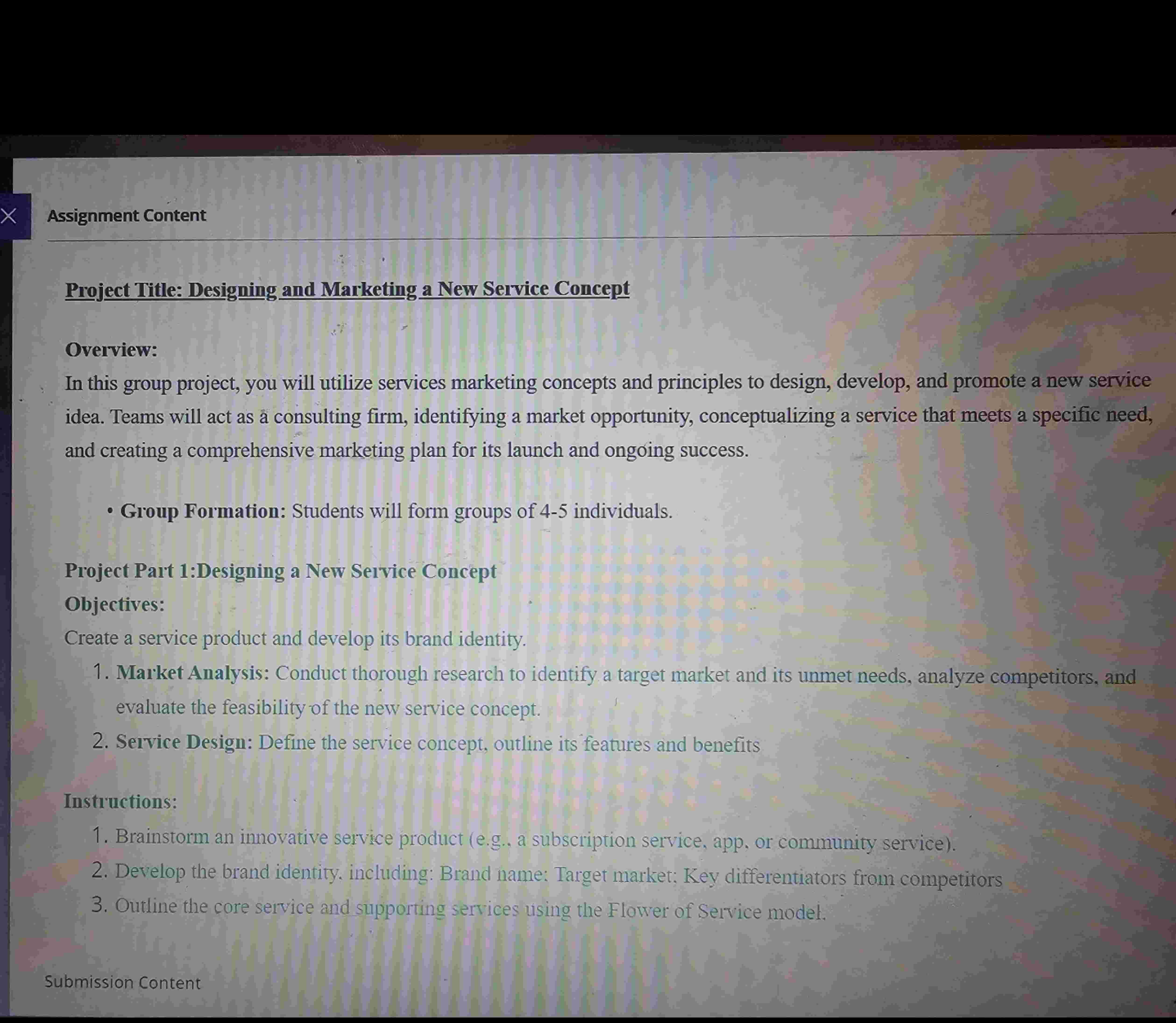 Solved Project Title : Designing and Marketing a New Service | Chegg.com
