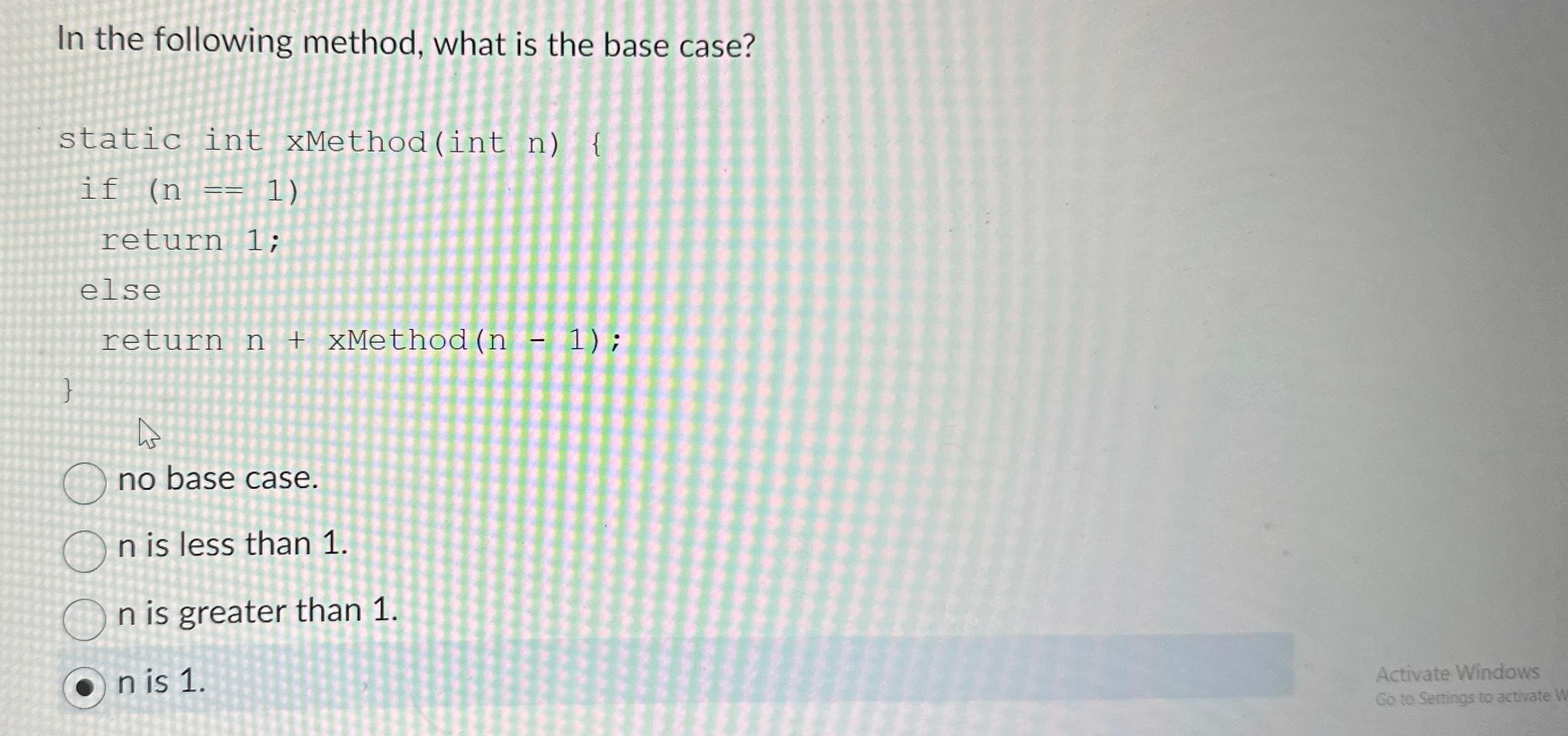 Solved In the following method, what is the base case?static | Chegg.com