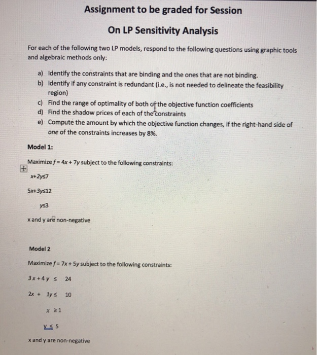 Solved Assignment to be graded for Session On LP Sensitivity | Chegg.com