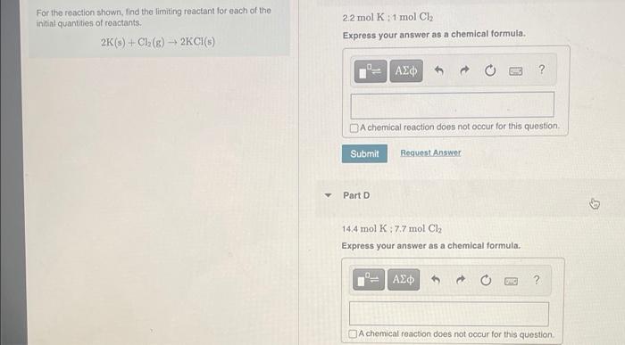 Solved For the reaction shown, find the limiting reactant | Chegg.com