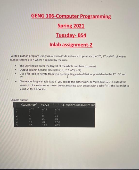 Solved GENG 106-Computer Programming Spring 2021 Tuesday- | Chegg.com