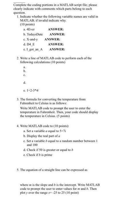 Solved Complete The Coding Portions In A Matlab Script File 8705