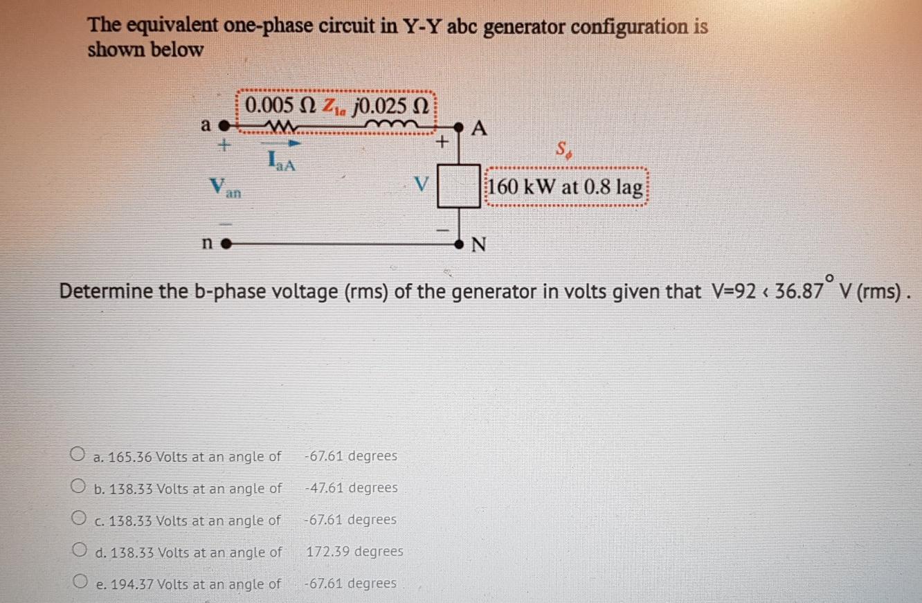 Solved The equivalent one-phase circuit in Y-Y abc generator | Chegg.com