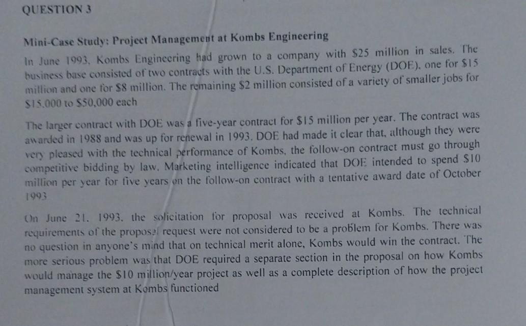 Solved Mini-Case Study: Project Management at Kombs | Chegg.com