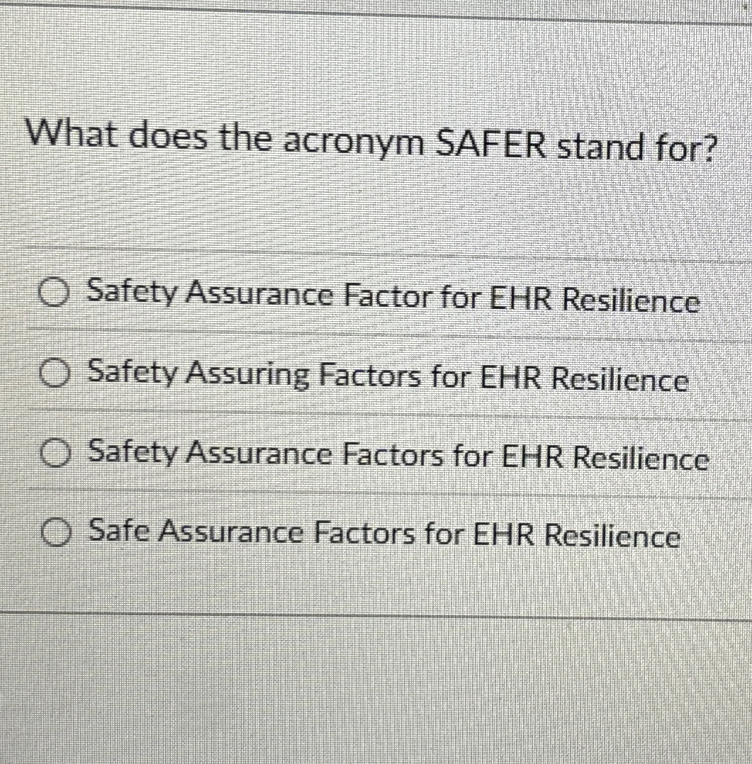 Solved What does the acronym SAFER stand for?Safety | Chegg.com