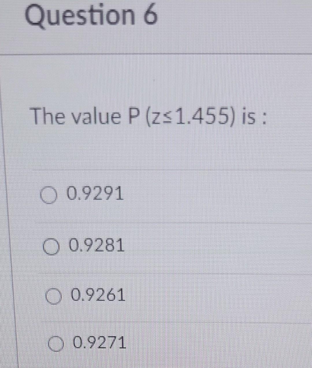 Solved The value P(z≤1.455) is : 0.9291 0.9281 0.9261 0.9271 | Chegg.com