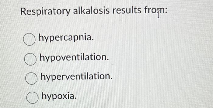Solved Respiratory alkalosis results froๆn: hypercapnia. | Chegg.com