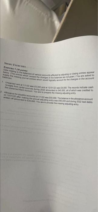 Solved SHORT EXERCISES Exercise 1 (30 points) Data relating | Chegg.com