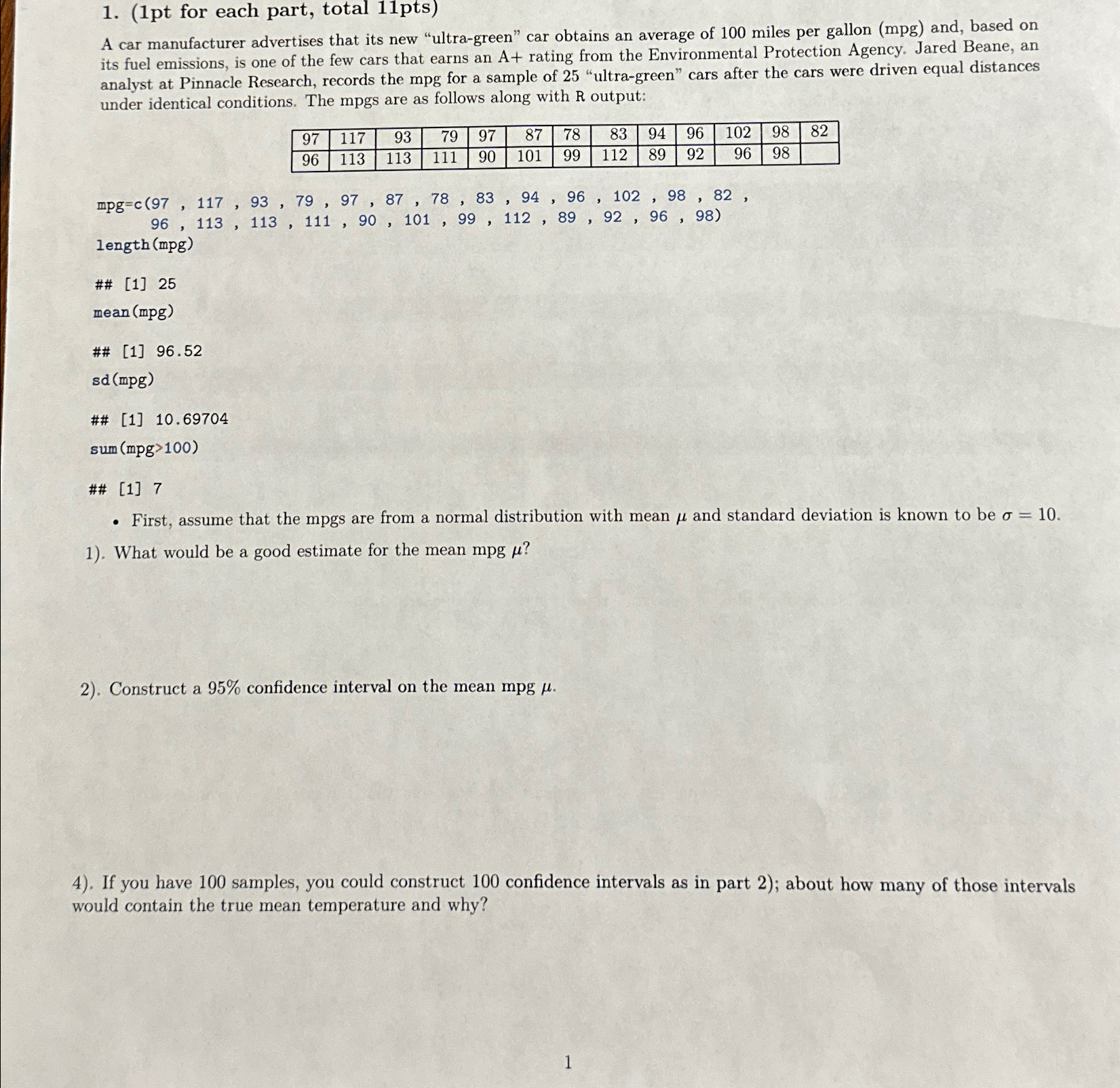 Solved (1pt for each part, total 11pts)A car manufacturer | Chegg.com
