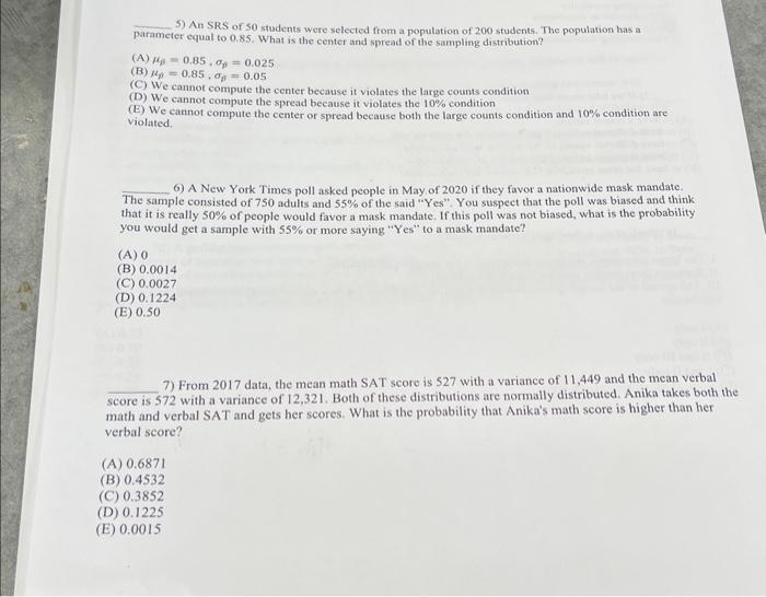 Solved 5) An SRS of 50 students were selected from a | Chegg.com