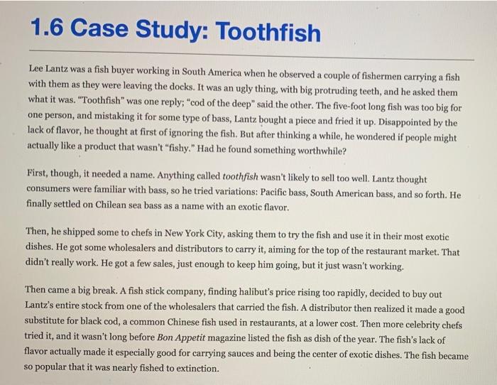 Solved 1.6 Case Study: Toothfish Lee Lantz was a fish buyer | Chegg.com