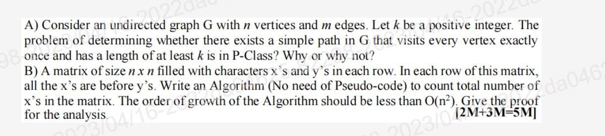 Solved A) Consider an undirected graph G with n vertices and | Chegg.com