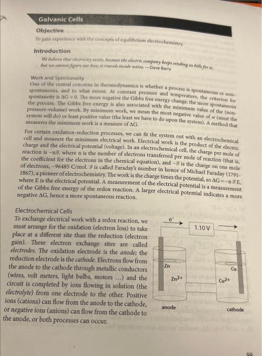 Solved Galvanic Cells Objective To gitin experience with the | Chegg.com