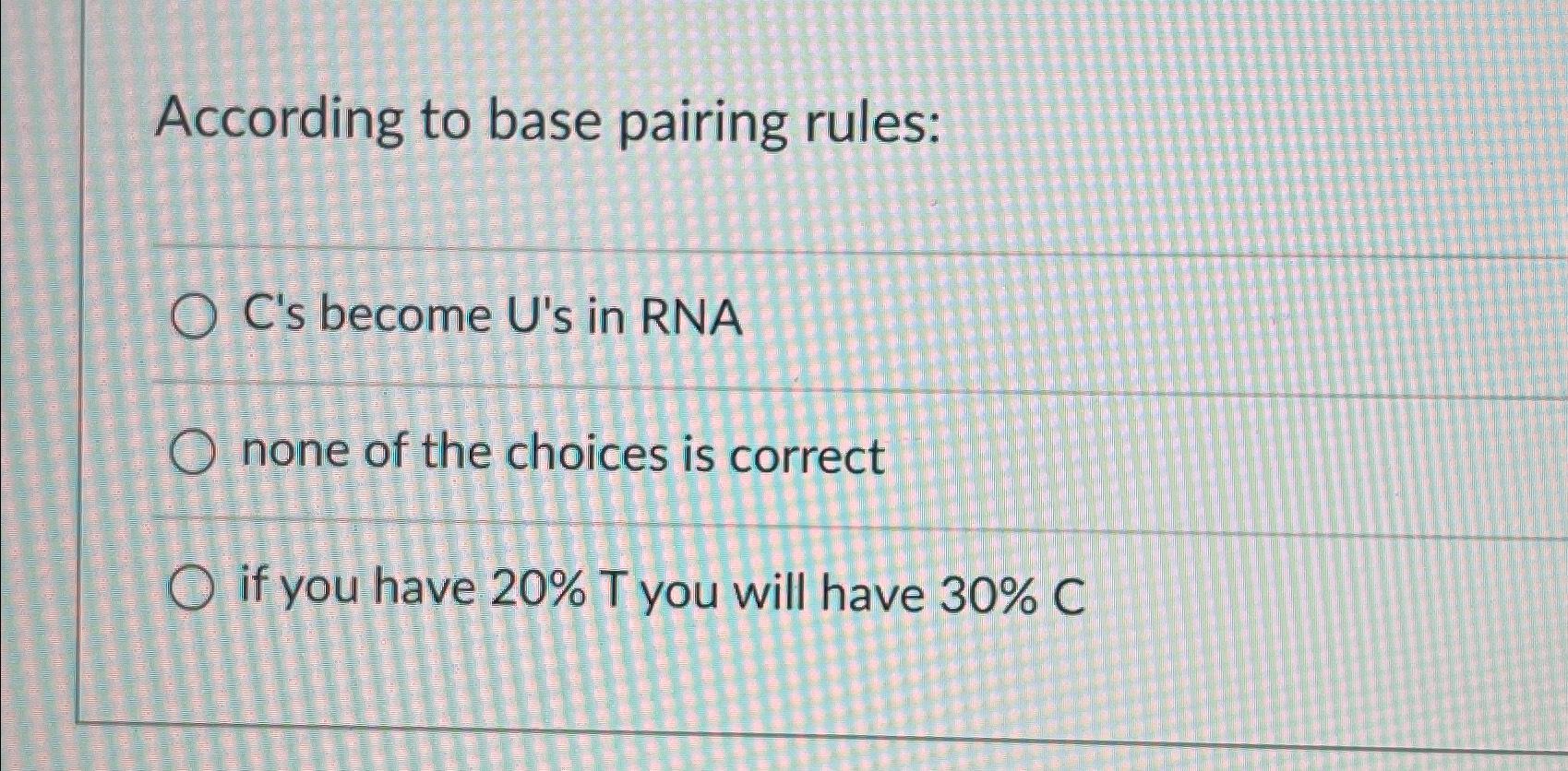 Solved According to base pairing rules:C's become U's in | Chegg.com